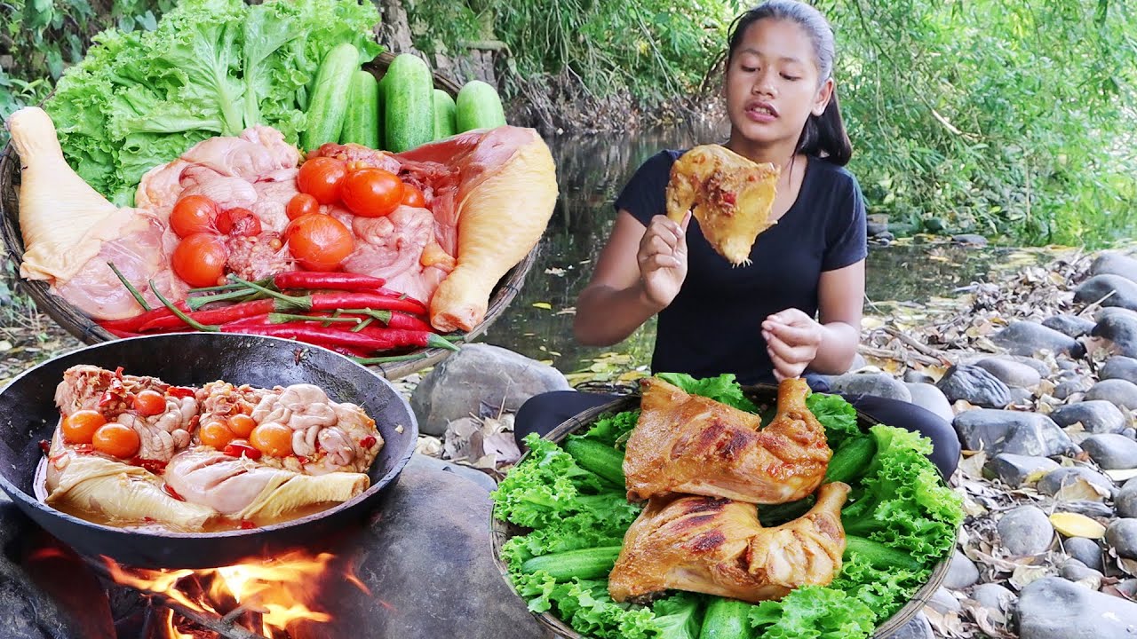 Survival cooking in forest: Cooking Chicken thighs egg Spicy delicious with Salad for Lunch ...