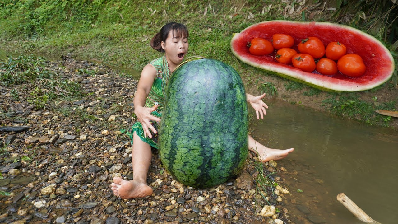 Survival Skills: Primitive Girl Meet Watermelon, Cooking Tomato In ...